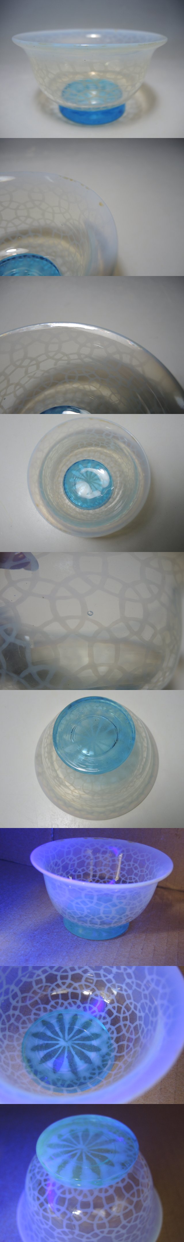 代購代標第一品牌－樂淘letao－291/ 氷コップ 丸模様 水色 乳白色縁 碗型 気泡ガラス ウランガラス 昭和レトロ 大正ロマン 骨董